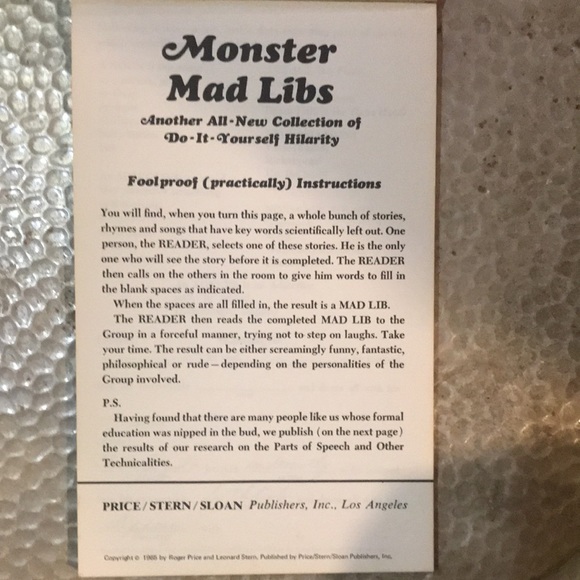 mad lib | Other | Vintage 965 Monster Mad Libs No 4 By Roger Price And ...